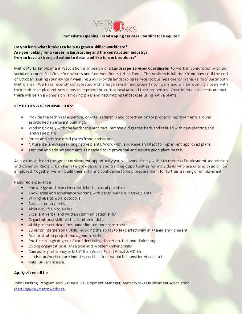 MetroWorks Landscaping Services Coordinator Job Posting - Common Roots ...